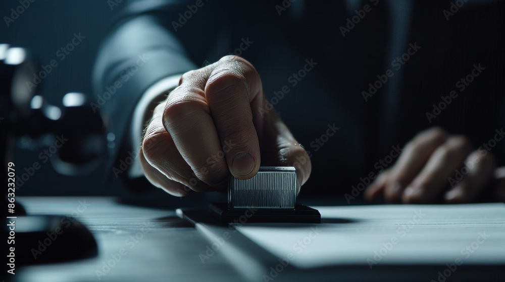 Official Stamp of Approval Businessman in Dark Suit Certifying Document ...