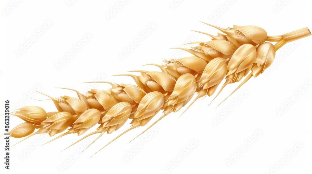 The image shows a close-up of an isolated ear of wheat spikelet on a white background. The ...