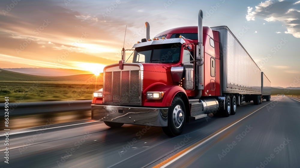A heavily built, classic, stylish red semi-truck cruises on a highway ...