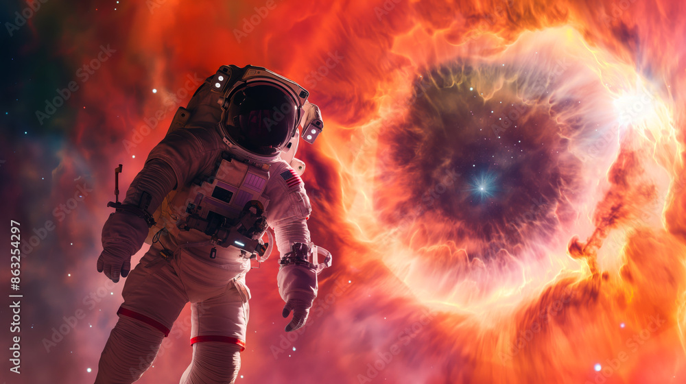 An astronaut floating in front of an enormous eye-shaped nebula while ...