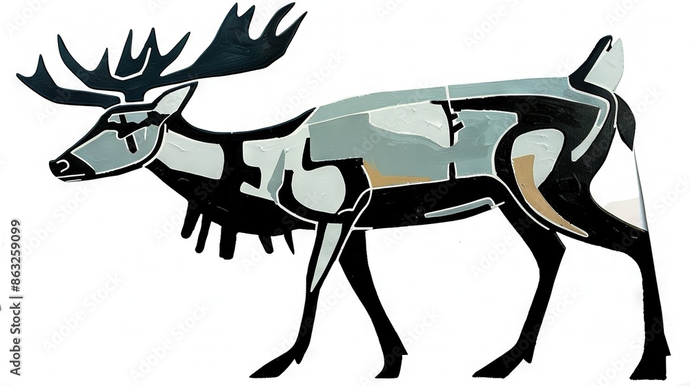 A black and white sketch depicts a deer standing upright with antlers ...