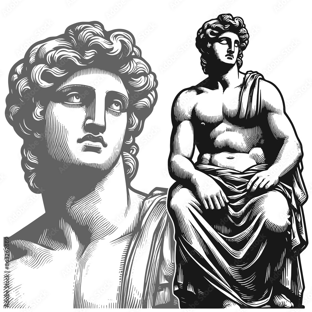 classical Greek statue depicting a male figure in traditional drapery ...