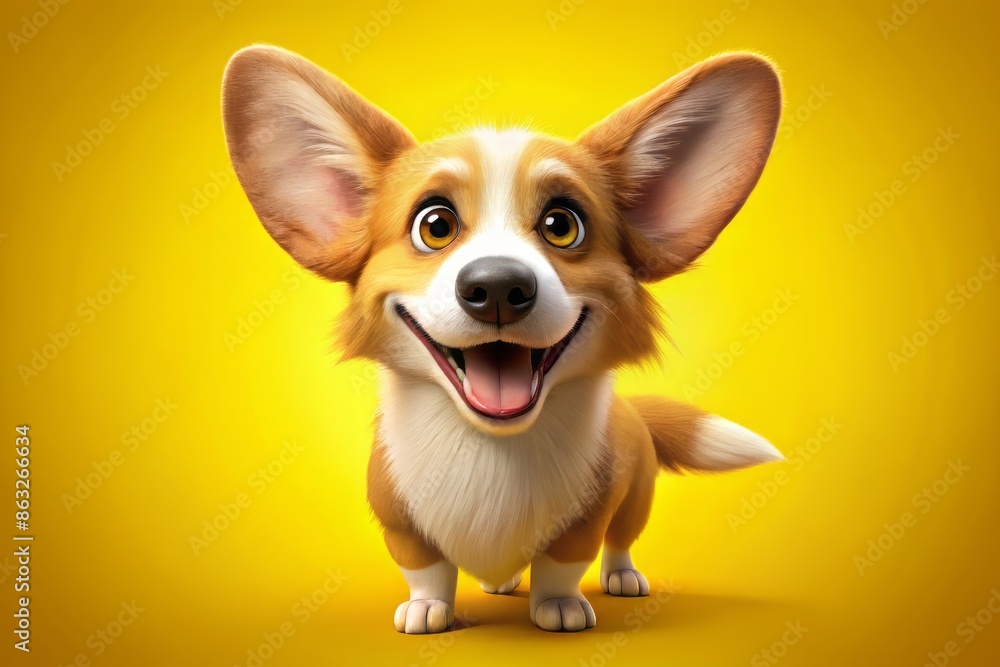 Adorable cartoon dog with floppy ears and big smile stands against ...