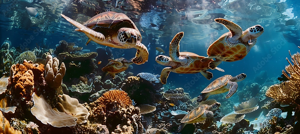 Photo of school of sea turtles shot direction front pose swimming ...