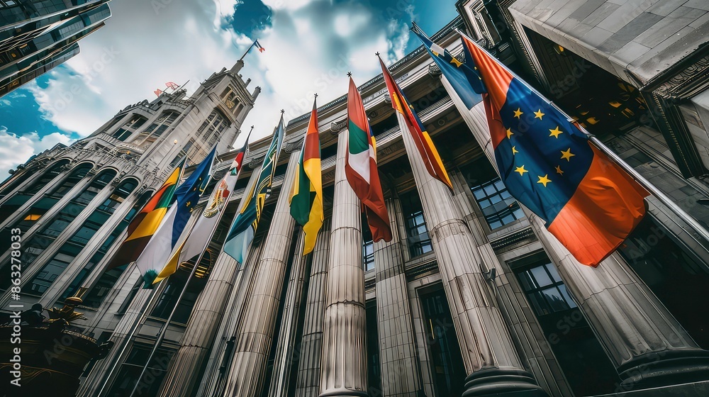 Brus building Parliament European front waving flags EU europa flag ...