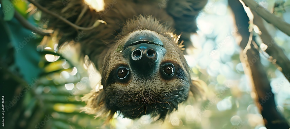 Photo of a sloth shot direction from the front pose hanging upside down ...