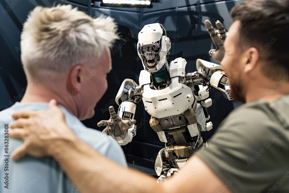 An industrial robot interacts with two men in a high-tech environment ...