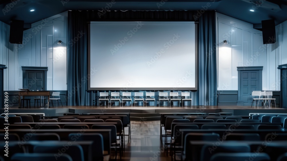 A modern auditorium featuring a large, blank projection screen or ...