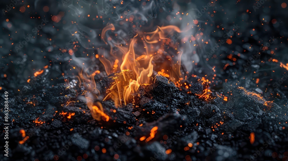 charcoal air Fire float darkness flames The ash background black ...