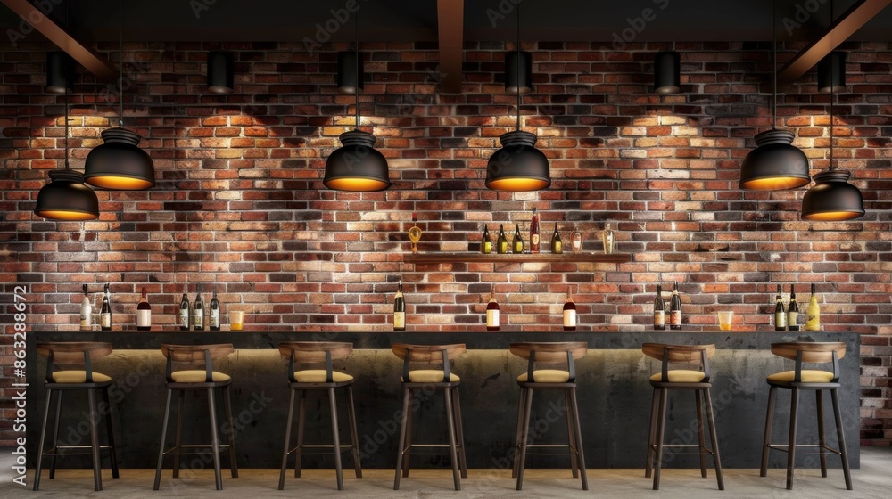 Loft-style interior with a brick wall, industrial lighting, and a ...