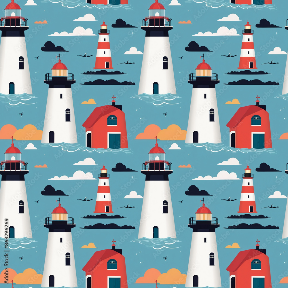 Marine seamless pattern with cute lighthouses, waves, ocean. Sea ...