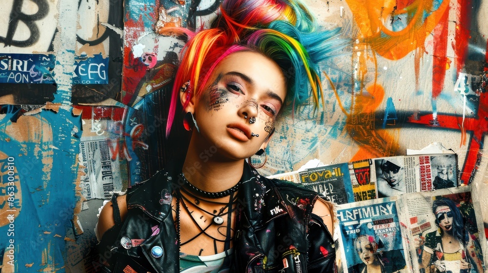 Young Punk Woman Collage with Vibrant Rainbow Mohawk and Edgy Style ...