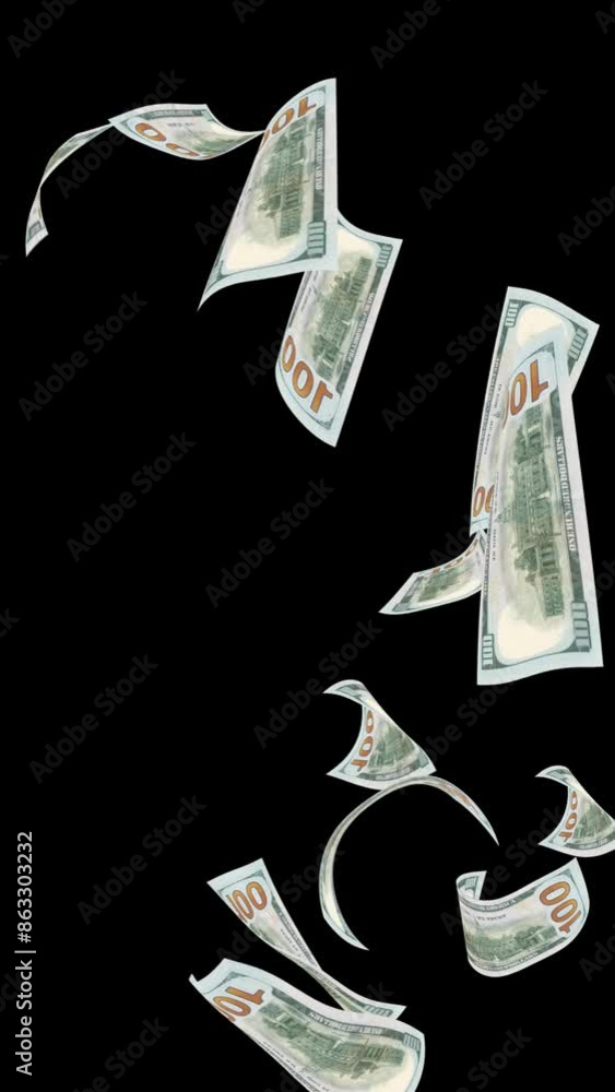 Reverse of the 100 dollar bill. HD vertical animation falling free on ...