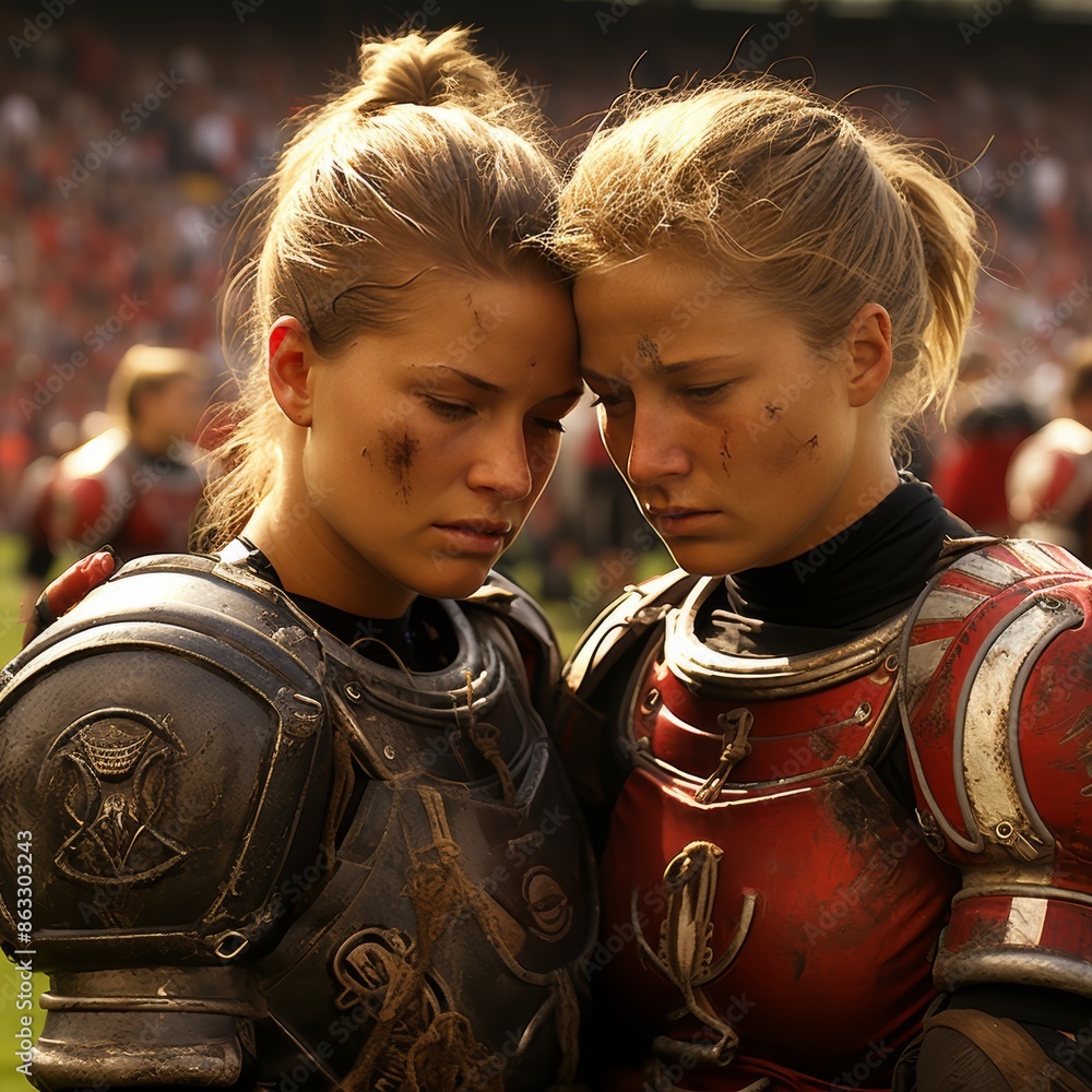 Two fierce female warriors in detailed armor face each other on a ...