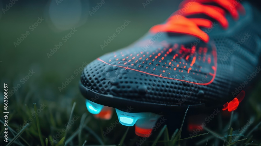 Detailed view of smart cleats displaying digital performance metrics ...