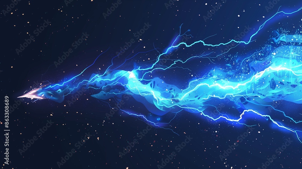 VFX effect of a lightning bolt striking the ground. Blue electric or ...