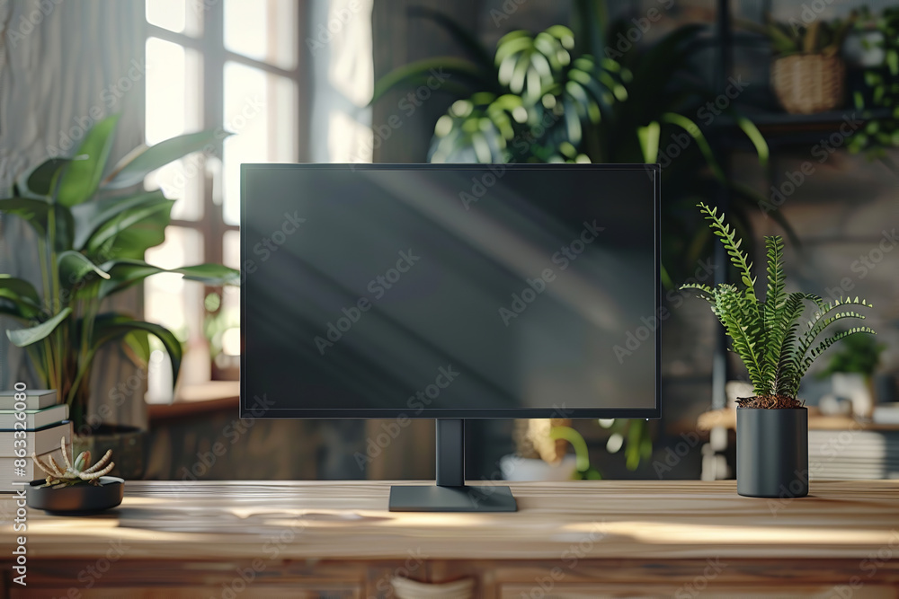 empty White screen on Desktop monitor, placed in Office environment ...