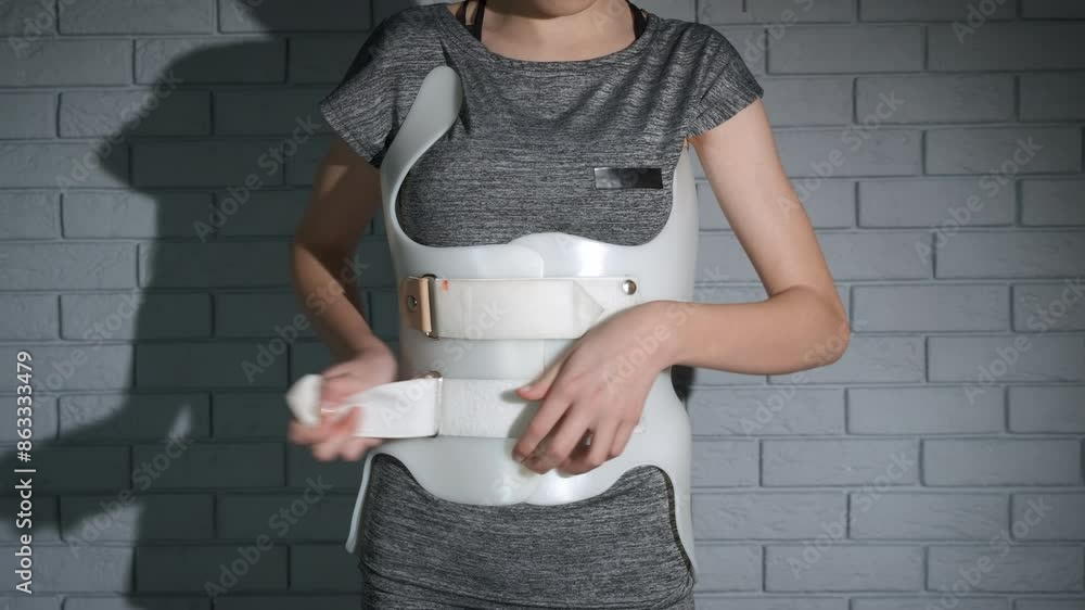 Wearing scoliosis corset. A schoolgirl wearing the scoliosis plastic ...