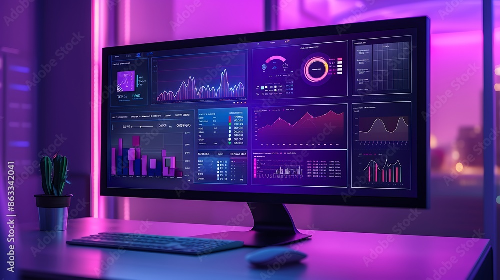 A Computer Monitor Displaying An Abstract Dashboard With Real Time Data Analytics Graphs And