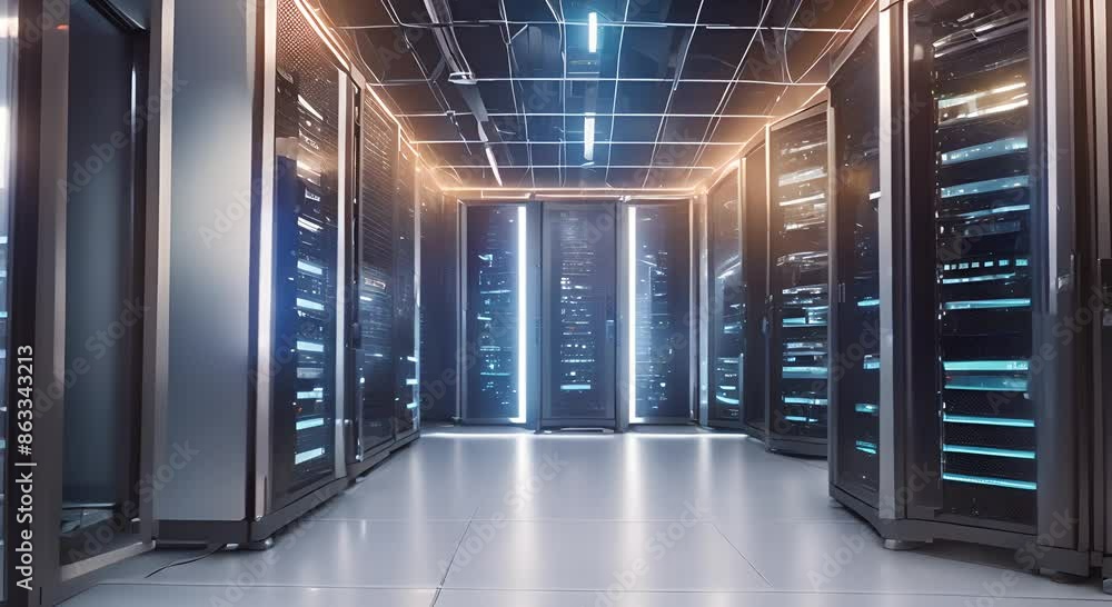 Hightech data center with server racks digital connections ...