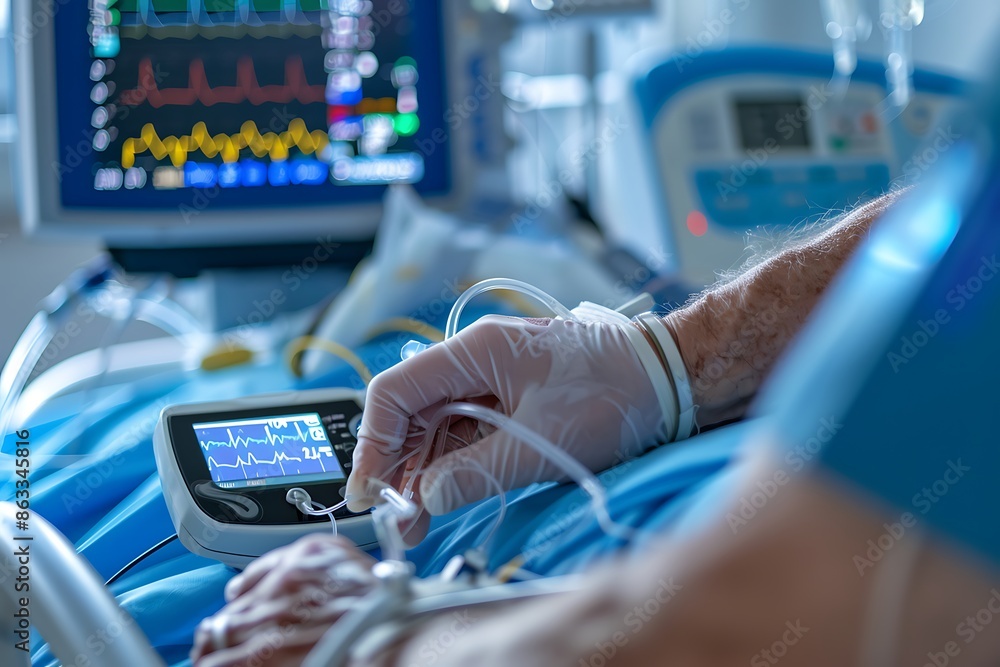 Healthcare worker using a pulse oximeter to check a patient's oxygen ...