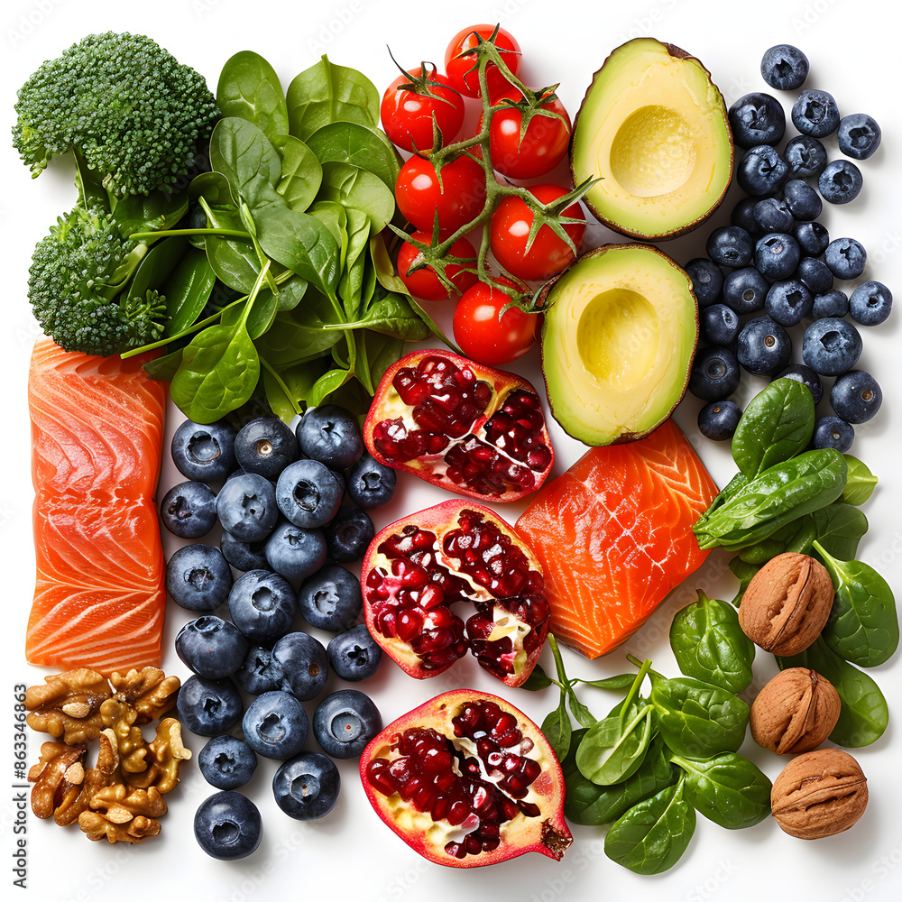 ภาพประกอบสต็อก Healthy food: fish, blueberries, nuts, pomegranate ...