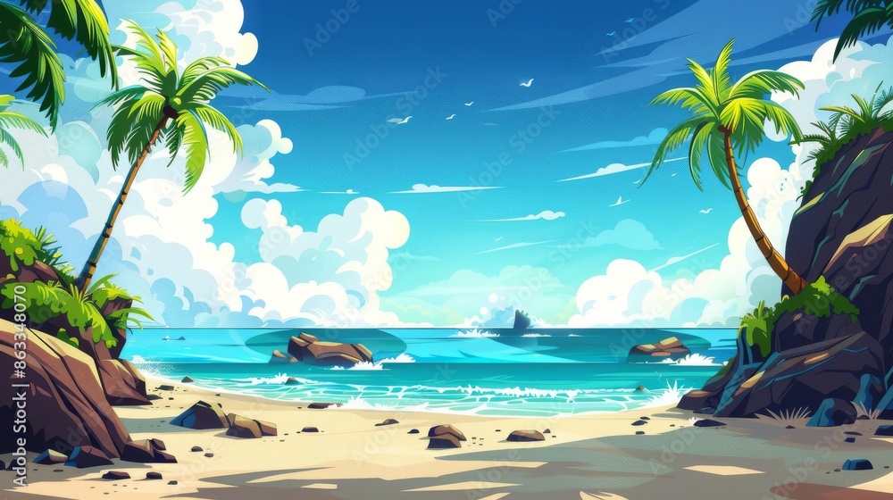 Parallax background for 2D animation with cartoon summer seascape with ...