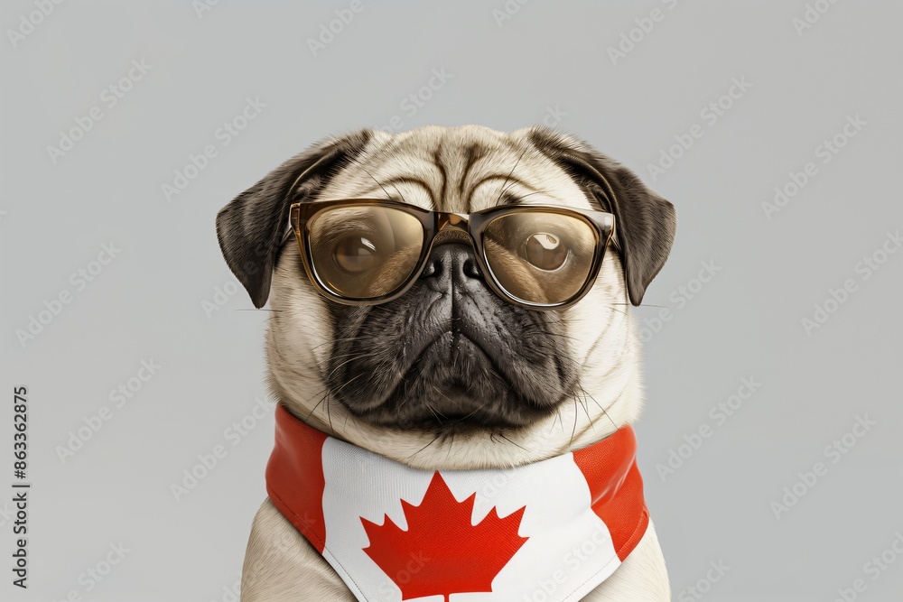 Cute funny pug dog wearing bandana with Canadian Flag. Creative concept ...
