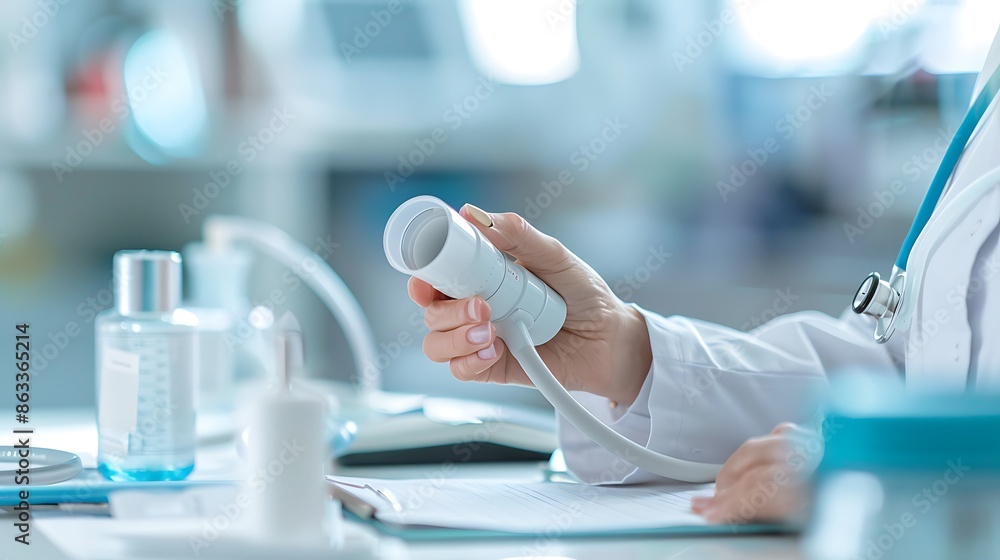 Medical professional conducting a lung function test using a spirometer ...