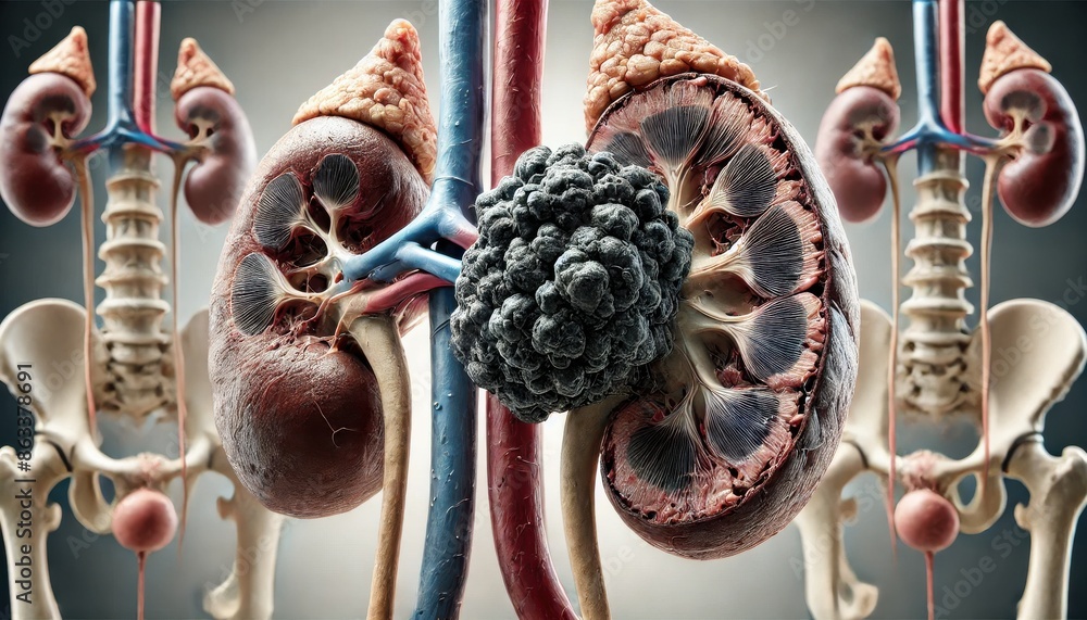 Detailed Medical Illustration of Kidneys with Tumor Highlighting Renal ...