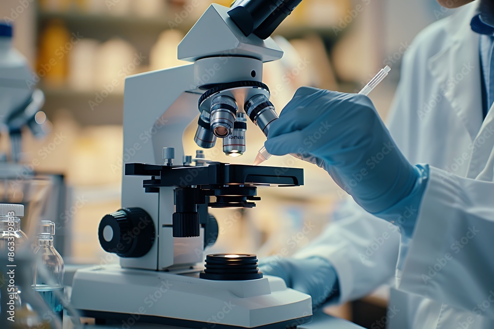 Pharmacist using a microscope to analyze a sample extensive data ...