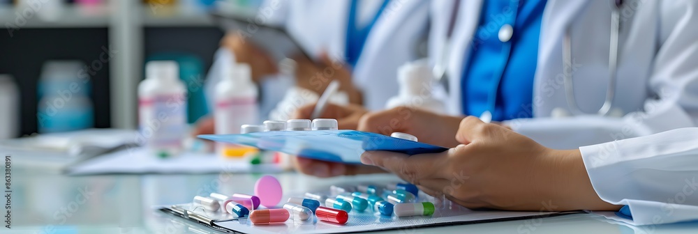 Pharmacy team reviewing new pharmaceutical guidelines comprehensive ...