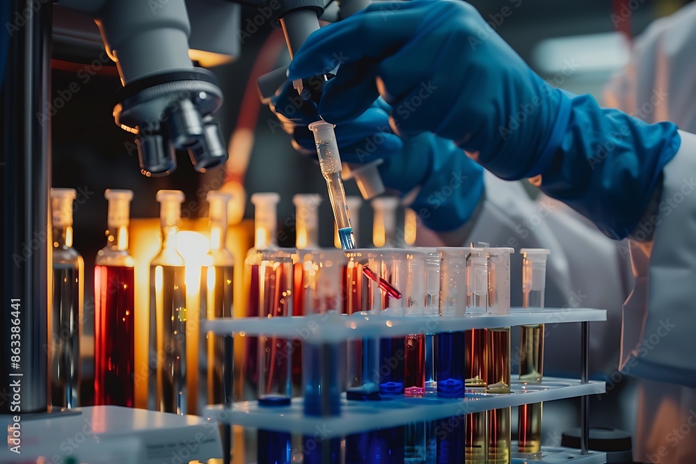 Researcher conducting experiments with test tubes and pipettes minute ...
