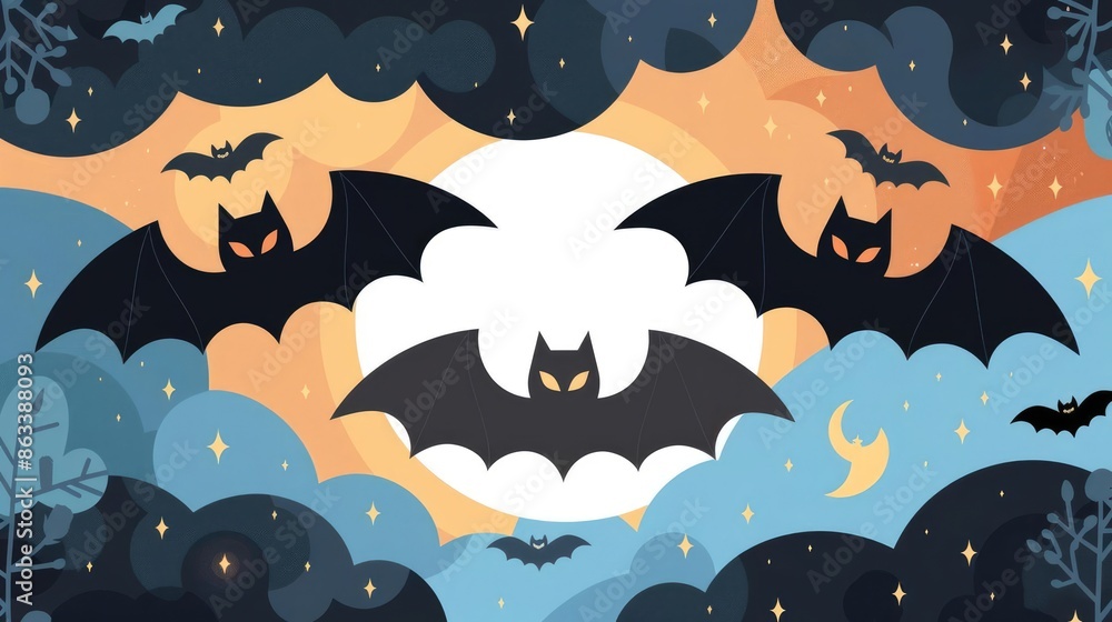Halloween bat flat design top view night sky theme water color Triadic ...