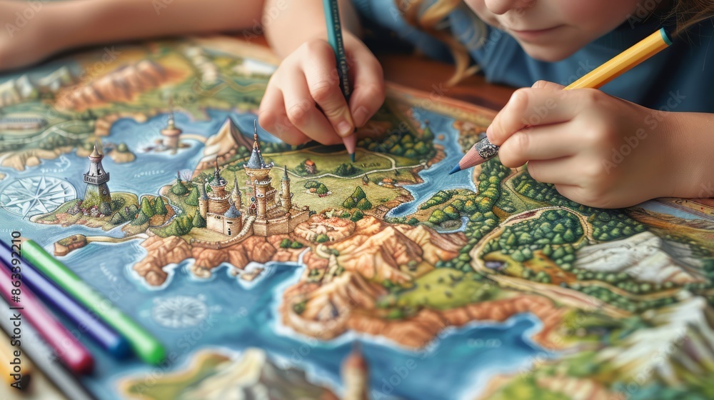 child creating a detailed map of an imaginary land, using colored ...
