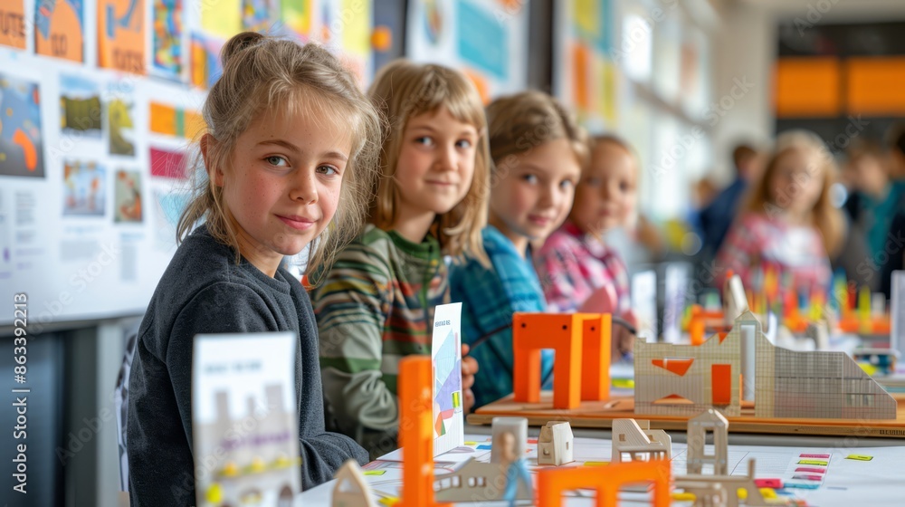 children in a classroom setting, presenting their imaginative projects ...