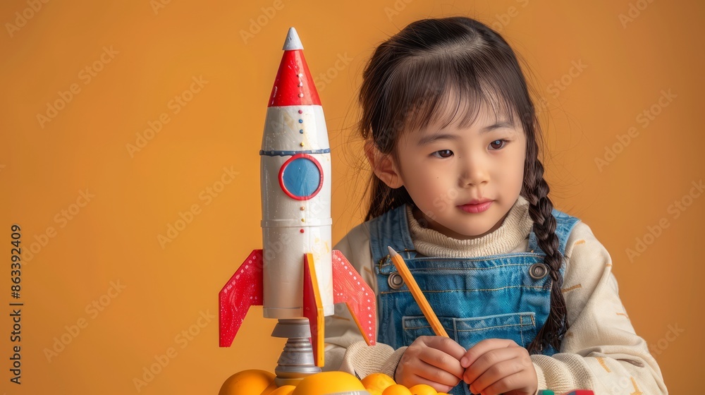 child building a rocket model, dreaming of space travel and future ...