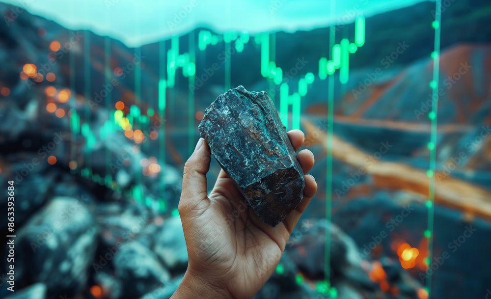 A hand holds up a large rock, a mine site with lots of dirt and rocks ...