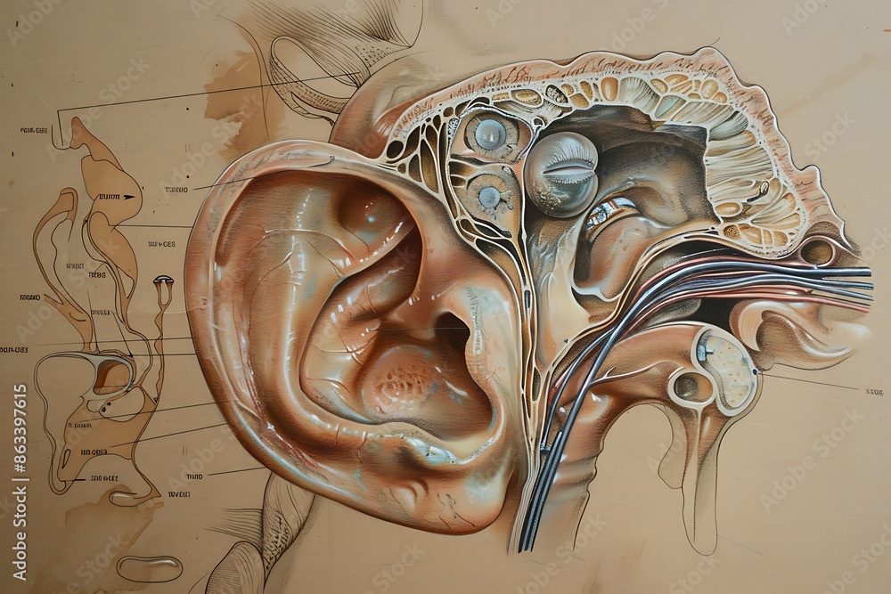 Anatomical drawing illustrating the structure of the ear indepth ...