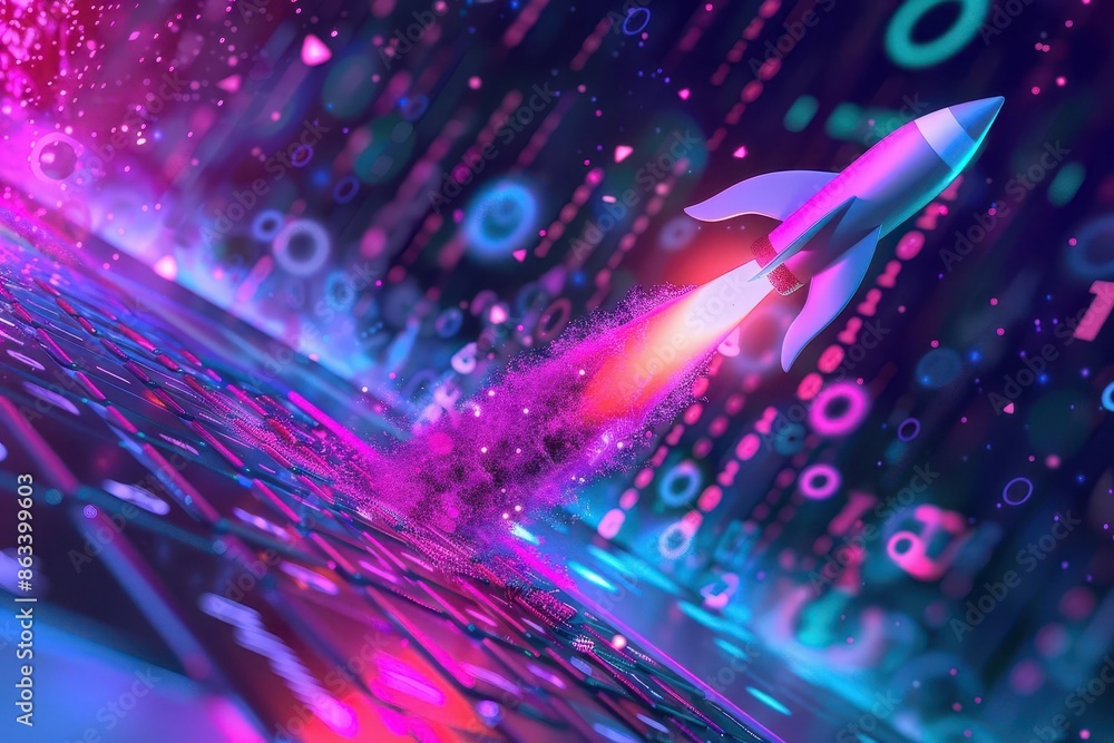 startup launch concept cartoon rocket blasting off from open laptop screen leaving trail of ...