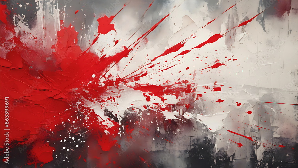 Abstract red, white and grey paint splatter on canvas. Modern ...