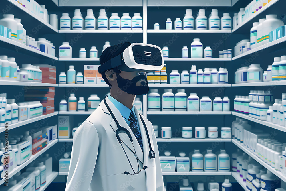 Pharmacy icons featuring virtual reality drug education augmented ...