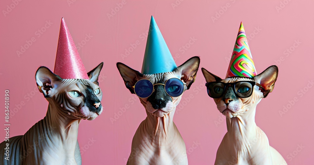 fashion portrait of three sphynx cats in stylish party hats on a pink ...