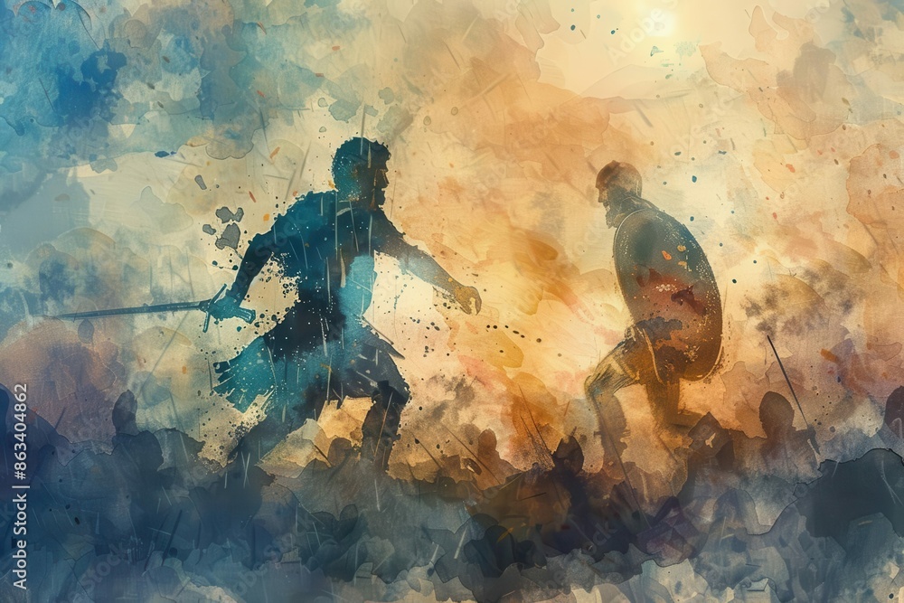 watercolor david vs goliath battle scene dramatic illustration of ...