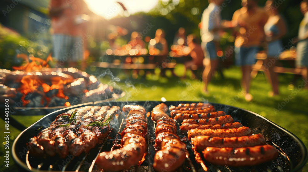 family friends garden picnic barbecue grill meat sausages sunny day ...