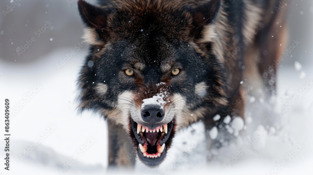 Black wolf with an aggressive snarl, intense gaze, close-up view in the ...