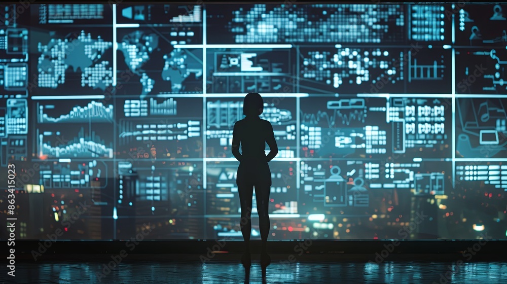 Silhouette of a person standing before a giant digital screen ...