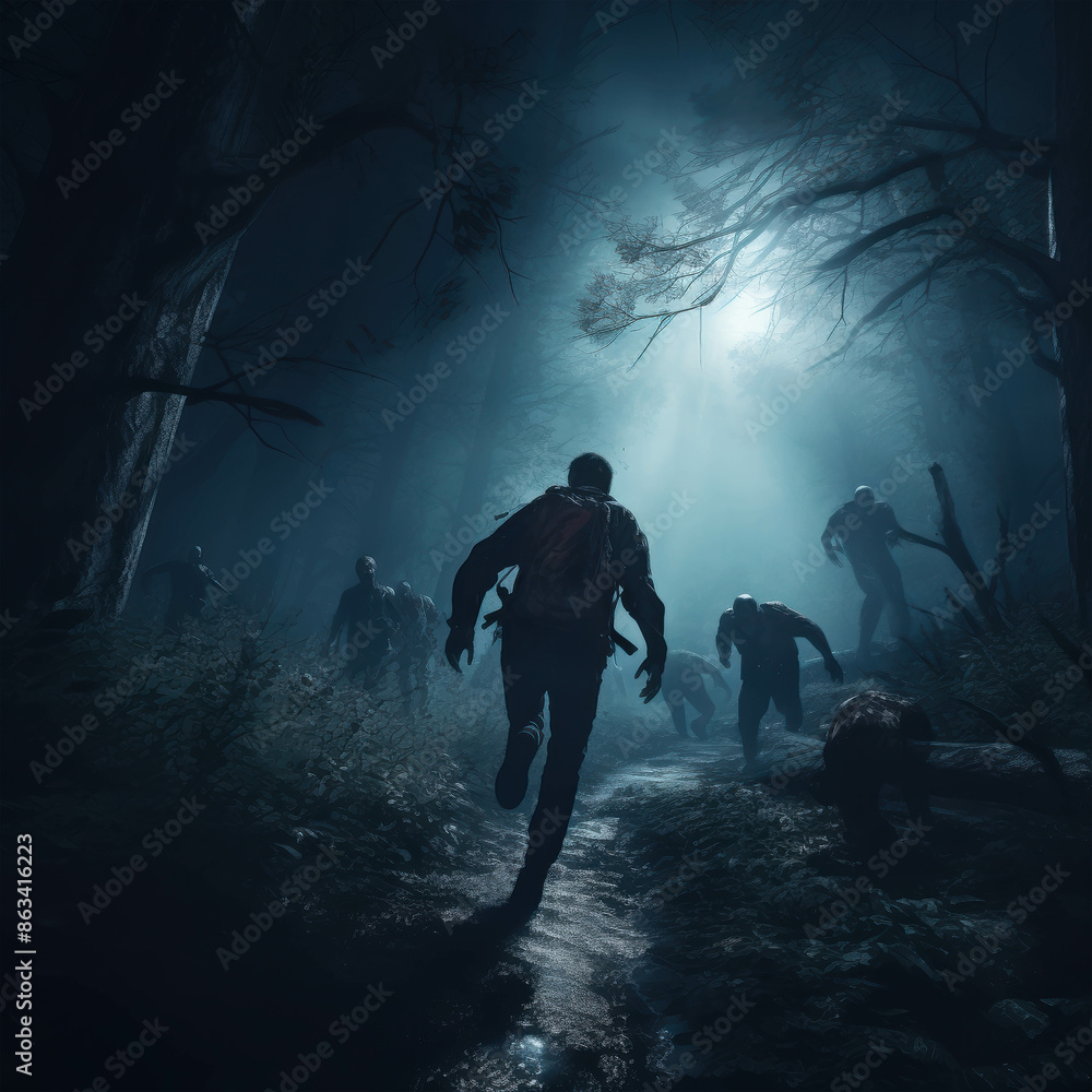 Desperate Man Running Through a Dark Forest Being Chased by a Horde of ...