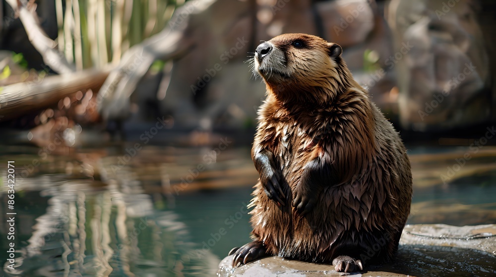 Baby Beaver Kit - A curious baby beaver emerges from the water, sits on ...
