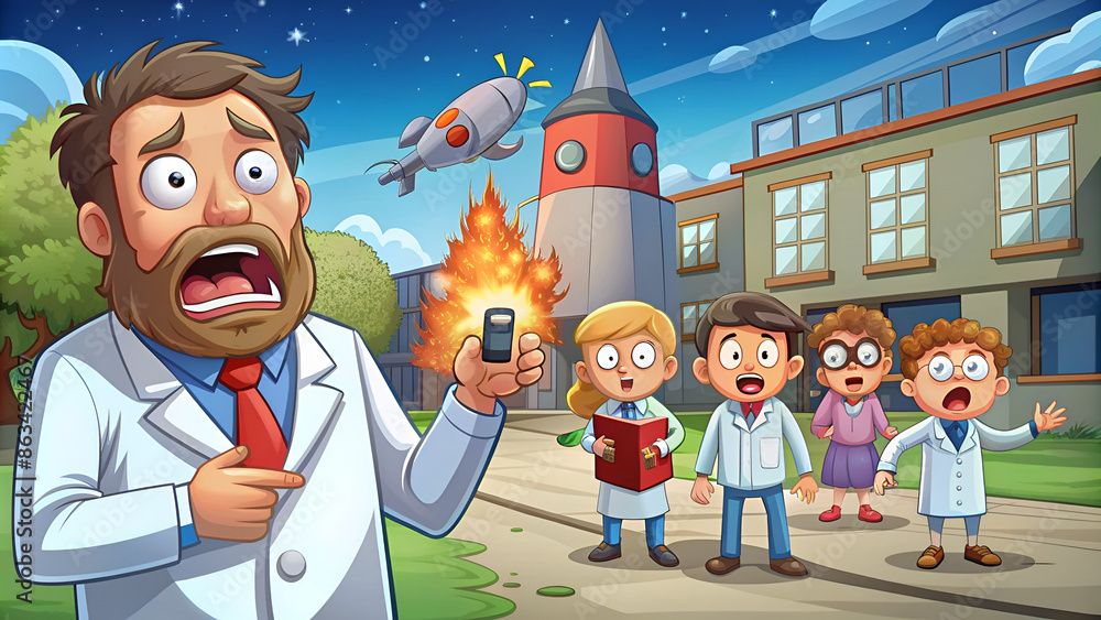 Scared people looking at crazy scientist in school yard. Vector cartoon ...